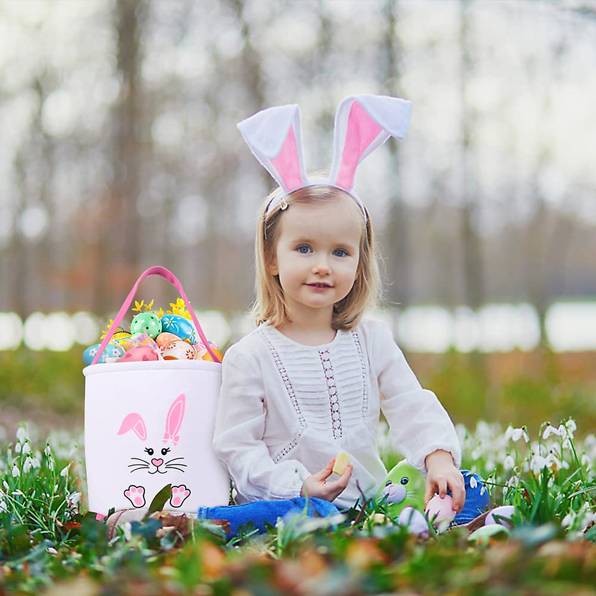 3Pcs Easter Basket for Kids Easter Bunny Canvas Candy Basket Bulk, DIY Personalized Easter Large Buckets Tote Bags Egg Hunt Gifts Basket Easter Party Favors Decorations with 2Pcs Double Line Pens