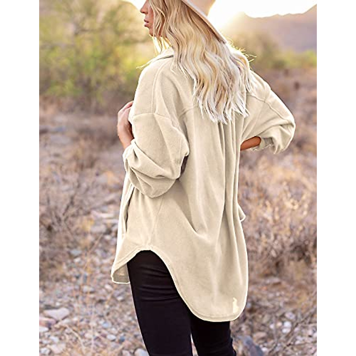 Merryfun Womens Flannel Shirt Jacket Button Down Long Sleeve Oversized Shacket Coat Loose Casual Blouse Tops With Pockets,Beige L