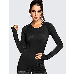 CRZ YOGA Women's Seamless Athletic Long Sleeves Sports Running Shirt Breathable Gym Workout Top Black-Slim Fit Small