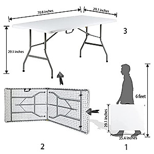 Go-Trio 6 Foot Folding Table 6ft Portable Plastic Tables for Party, Fold-in-Half Foldable Heavy Duty Table, 6’Utility Dining Card Long Table, Indoor Outdoor Folded up for Picnic, Camping, White, Large