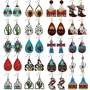 20 Pairs Boho Western Earrings Set Western Teardrop Dangle Earrings Vintage Cow Print Leather Bohemian Turquoise Wood Jewelry for Women
