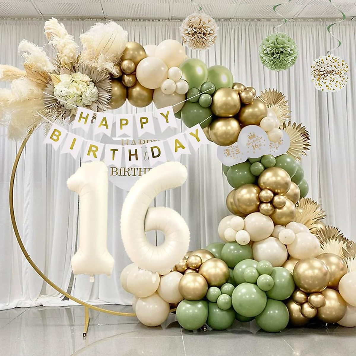 GYESXYW Sage Green 16th Birthday Decorations for Girls, Olive Green and Gold Sweet 16 Party Decorations Set, Happy Birthday Banner, Birthday Sash, Crown, Confetti Balloons for Her Party Supplies
