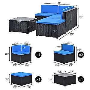 JIVOIT 5-Piece Outdoor Patio Furniture Set, Rattan PE Wicker Corner Sofa Set, Sectional Sofa Set with 1 Corner Sofa, 2 Sofa Chairs, 1 Ottoman and 1 Glass Coffee Table (Black Wicker+ Blue Cushion 003)