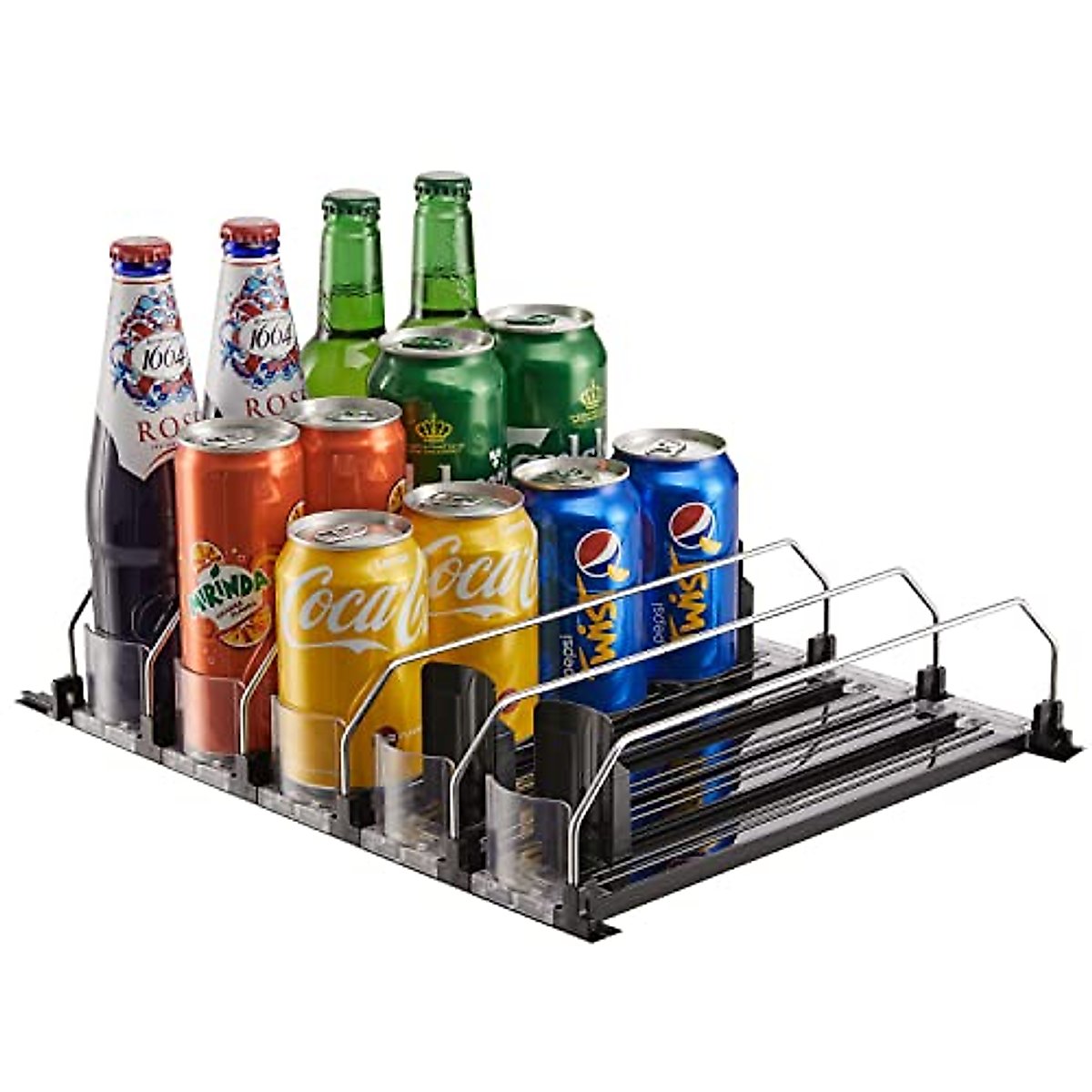Soda Can Dispenser for Refrigerator with Adjustable Pusher Glide - Perfect for Soda, Beer, and Other Beverages (5 Rows, 12"D)
