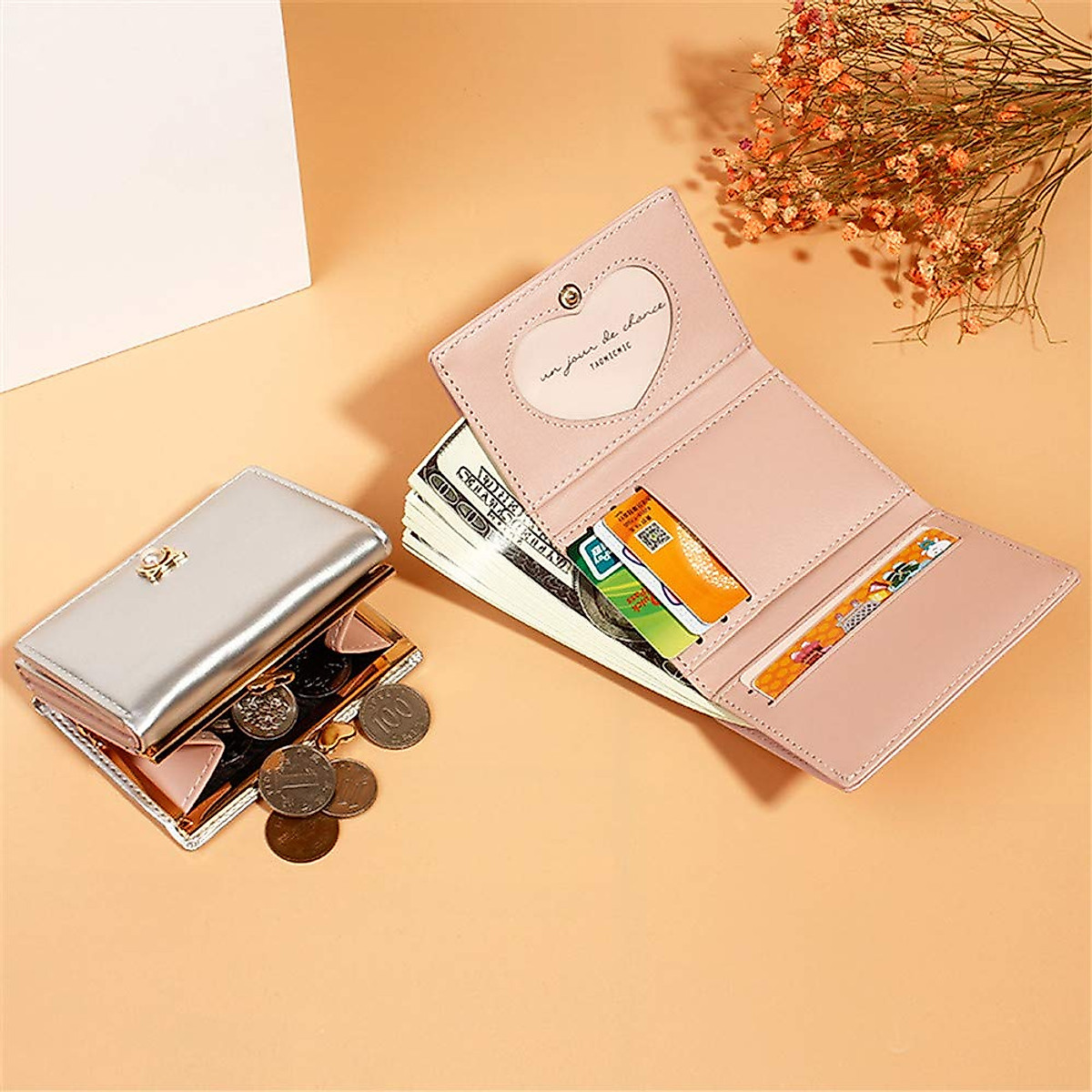 JIUFENG Women Short Wallet Trifold Korean Fashion Multifunctional Pearl Coin Wallet Card Holder (Gray)