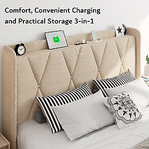 iPormis Queen Bed Frame with 4 Storage Drawers, Upholstered Platform Bed Frame with Charging Station, Modern Wingback Storage Headboard, Easy Assembly, Beige