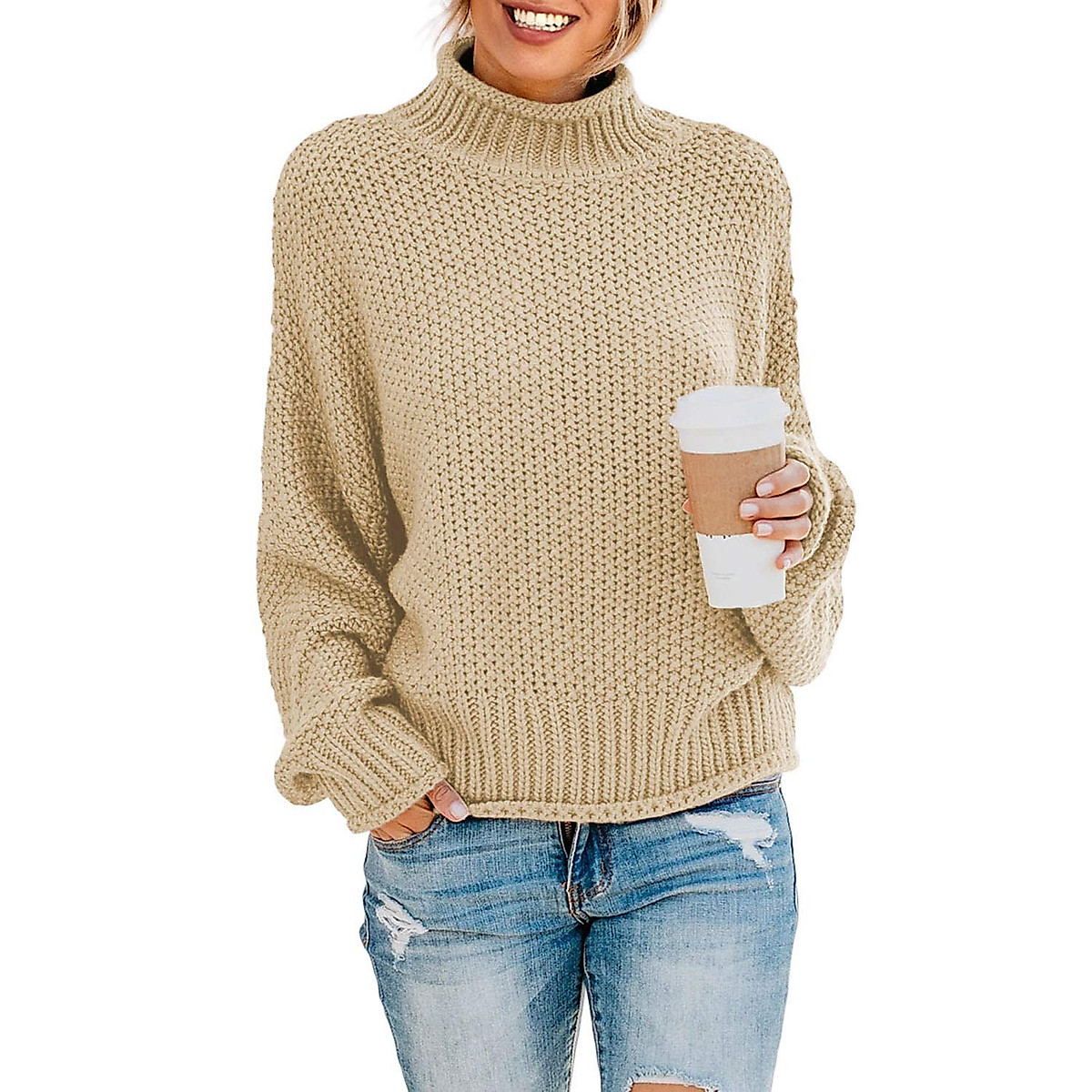 Dokotoo Womens Fall Fashion 2024 High Neck Sweaters Batwing Long Sleeve Solid Winter Clothes Basic Casual Loose Oversized Chunky Knit Pullovers Sweaters Jumper Blouses Apricot Large