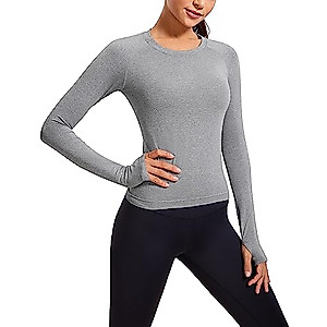 CRZ YOGA Womens Seamless Ribbed Workout Long Sleeve Shirts Quick Dry Gym Athletic Tops Breathable Running Shirt Slate Grey Marl Medium