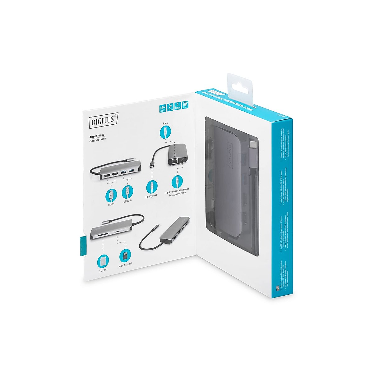 Digitus 8-Port USB-C Dock, 2xUSB3.0, 1xRJ45, 2xHDMI, 1xPD, 1xMicro SD, 1xSD, Grey