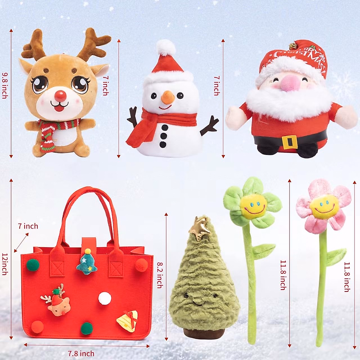 8 Pcs Christmas Plush Toy Set with Carrier Purse Bag -Snowman Santa Elk Christmas Tree Stuffed Animal Dolls Gifts for Kids,Two Plushie Flower and One Santa Hats for Complete Playset