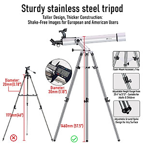 Telescope,100mm Aperture 900mm FL w/Star-Finding System for iOS/Android, Metal AZ w/high-Precision Adjustment, Telescope for Adults high Powered, Ideal for Astronomy Enthusiasts/Beginners/Kids,White