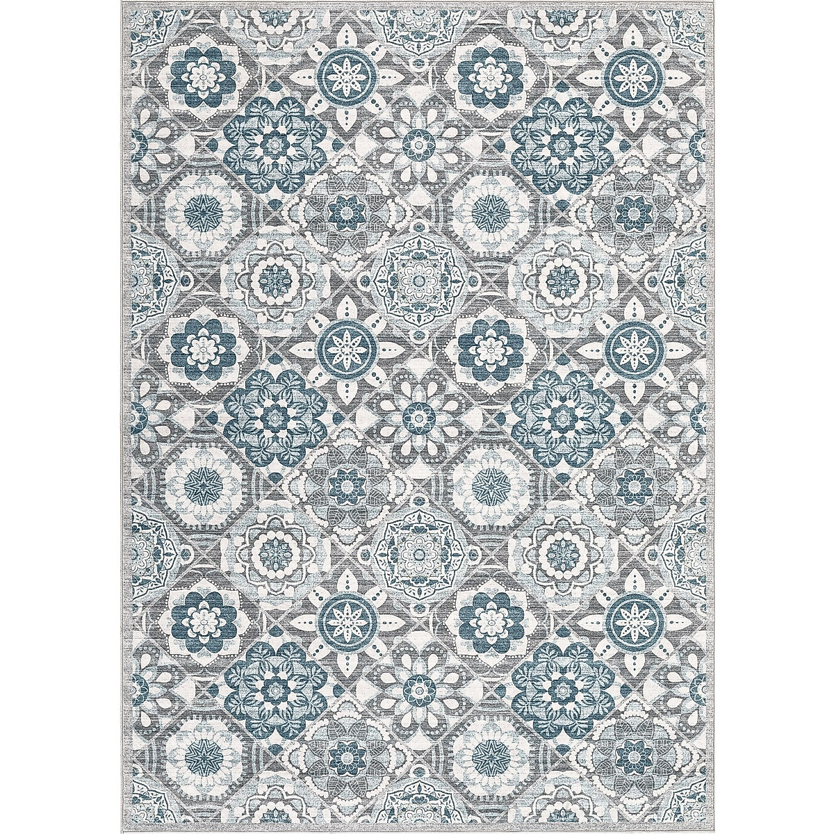 Micgeek 5X8 Area Rugs for Living Room - Washable Large Bohemian Low Pile Stain Resistant Floral Rug Soft Non Slip Neutral Indoor Floor Rugs for Bedroom Kitchen Dining Room Home Office,Grey/Blue