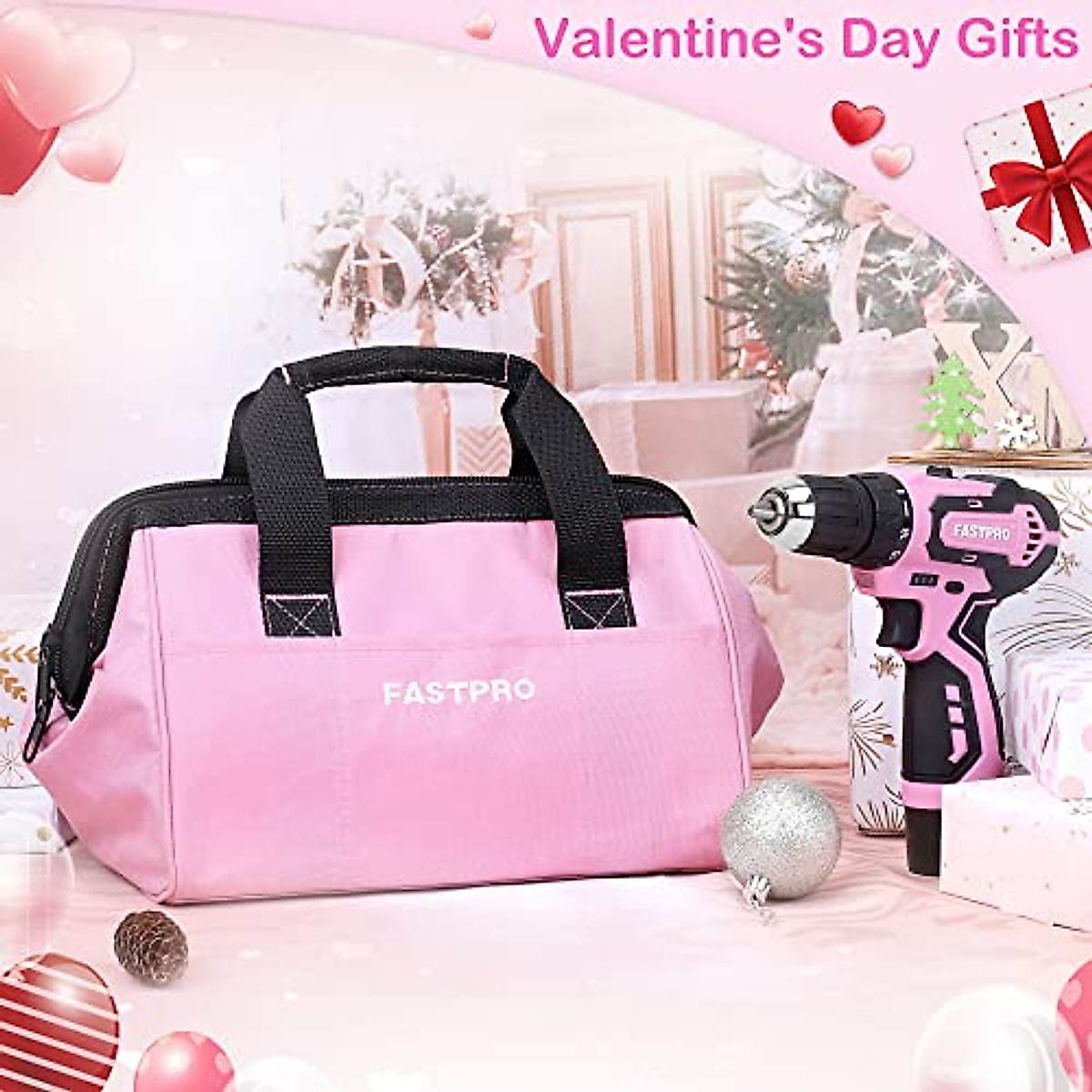 FASTPRO 175-Piece 12V Pink Drill Set, Cordless Lithium-ion Driver and Tool Kit, House Repairing Tool with 12-Inch Storage Bag, For DIY, Home Maintenance.