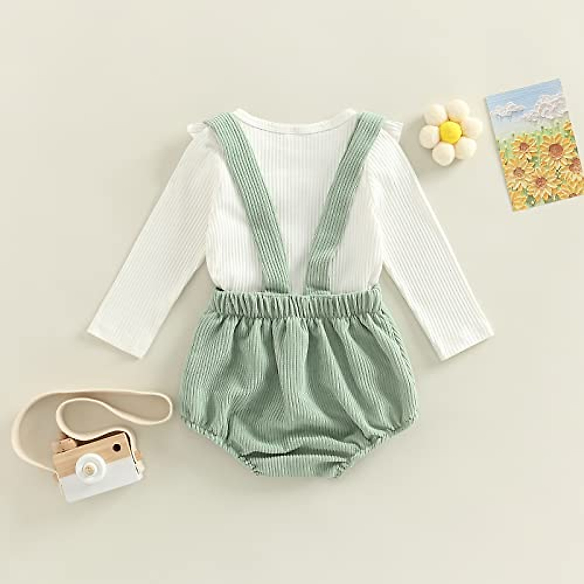 Mubineo Baby Girl Basic Plain Ruffle Long Sleeve T Shirt Corduroy Overalls Cute Clothes Outfits (White Green, 0-6 Months)