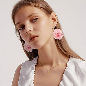 DAMLENG Lightweight Bohemian Big Fabric Flowers Dangle Drop Earrings Handmade Charm Chic Petal Hoop Earrings with Chiffon Floral Tassel for Women Vacation Wedding (Pink)