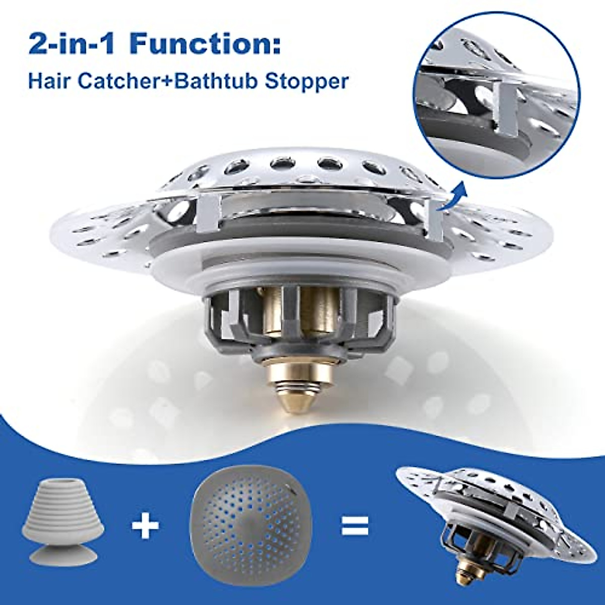 Upgraded Tub Stopper with Hair Catcher - 2 in 1 Pop Up Bathtub Stopper, Brass Tub Drain Stopper with Anti-Clogging Strainer, Tub Drain Plug with Metal Hair Trap, Only Fit for 1.65-2 Inch, Chrome