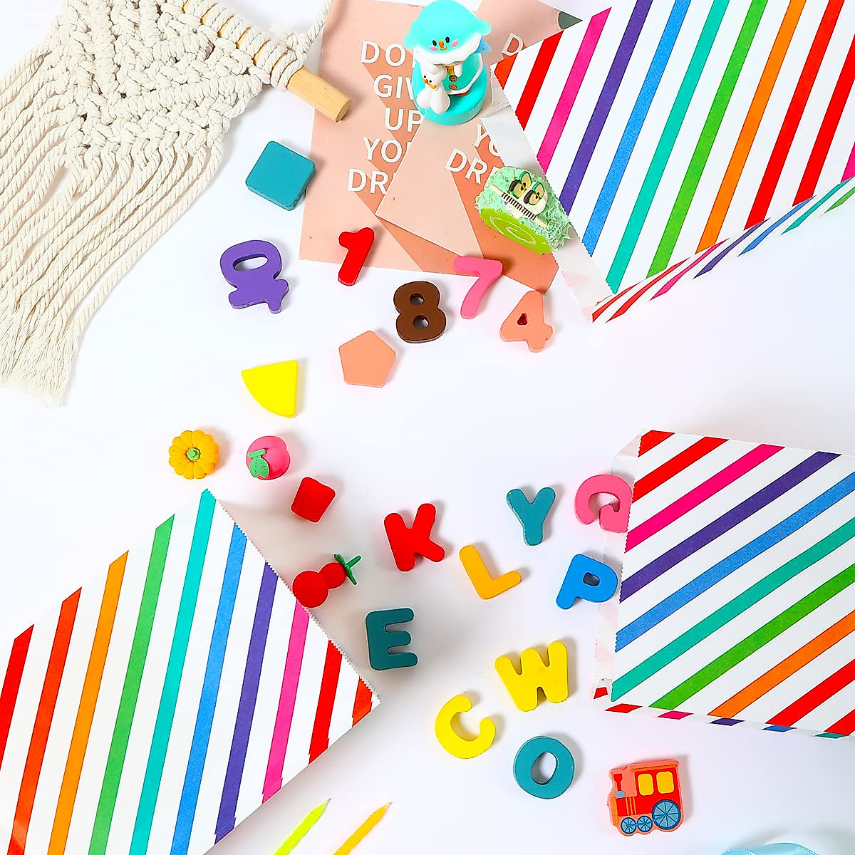 Vammy 24 Pieces Rainbow Party Favor Paper Bags, Food Safe Kraft Paper Gift Bags Sweet Candy Goodie Treat Bags with 24 Stickers for Birthday Party Wedding Christmas, 5.1 x 3.1 x 9.4 Inch