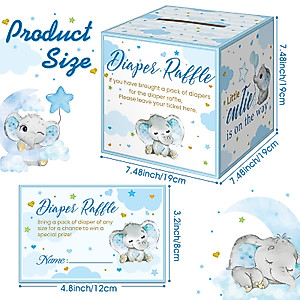 Teling 51 Pieces Diaper Raffle Tickets with Diaper Raffle Card Box Baby Shower Decorations Baby Shower Holder Box for Girl Boy Diaper Raffle Party(Blue Elephant)