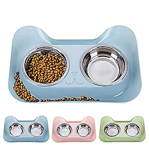 FUUIE Bowls for Food and Water Double Dog Cat Bowls Cute Cat Shaped Food Water Feeder for Small Dogs Cats Feeding Stainless Steel Pet Bowl Supplies (Color : Blue)