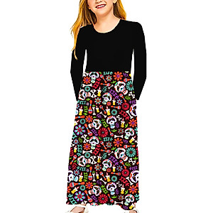 Girl's Halloween Dresses Sugar Skull Day of The Dead Skeleton Cosplay Maxi Dress 11-12 Years