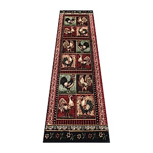 Flash Furniture Gallus Collection Rooster Themed Olefin Area Rug - Black Background - 2' x 7' - Jute Backing - Kitchen, Living Room, Bedroom