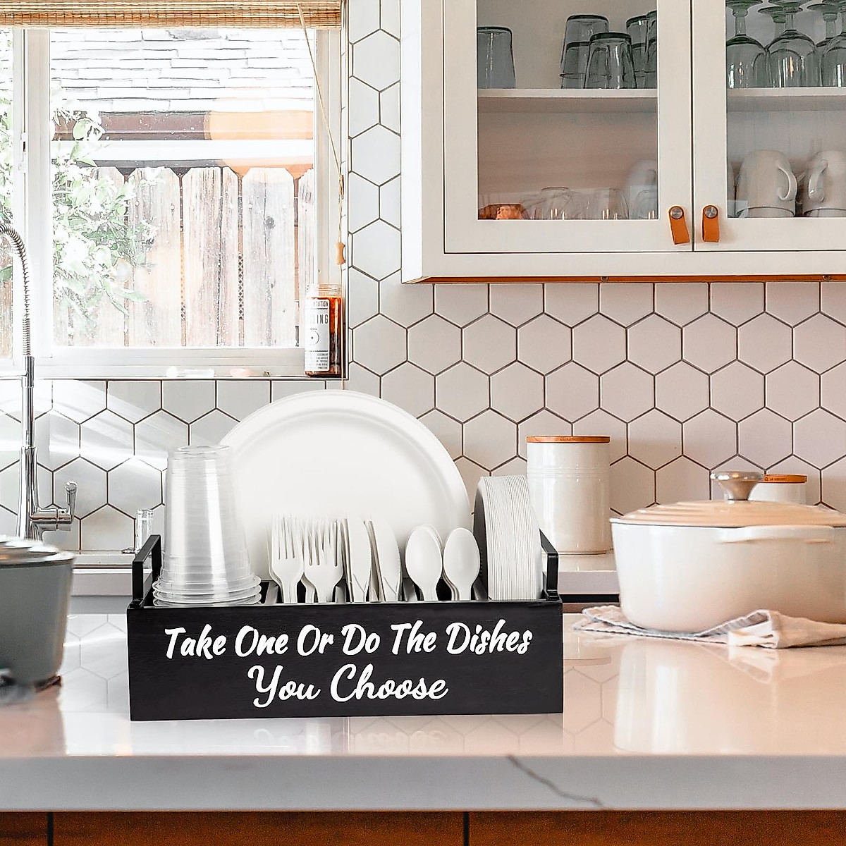 Paper Plate Organizer Holder for Countertop, Silverware Caddy with 6 Compartments for Plates, Cups, Fork, Knives, Spoon and Napkins, Paper Plate and Utensil Caddy for Party, Camping, Picnic (Black)