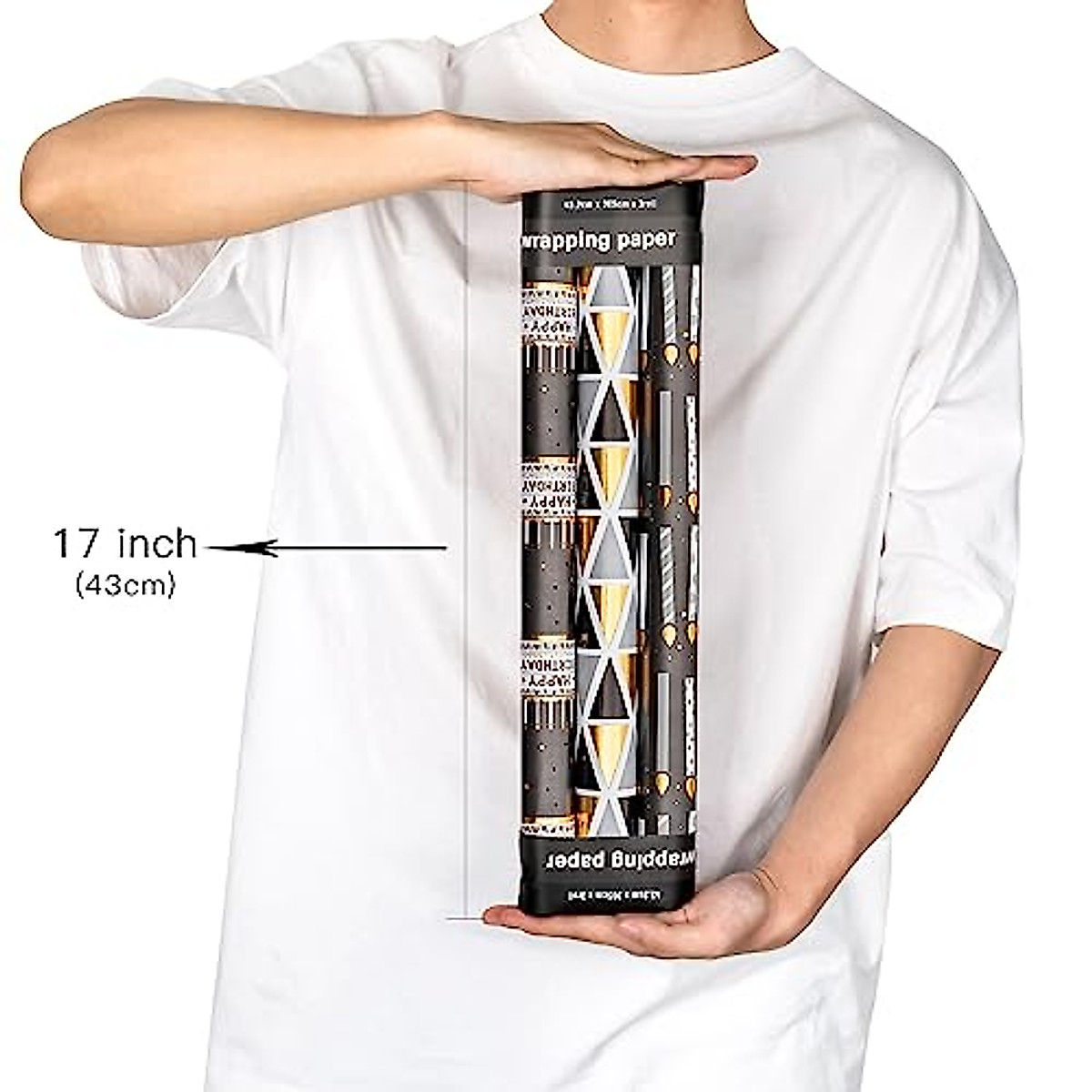 MAYPLUSS Birthday Wrapping Paper Roll - Mini Roll - 17 inch X 120 inch Per roll -Black with Gold Foil Design (42.3 sq.ft.ttl)