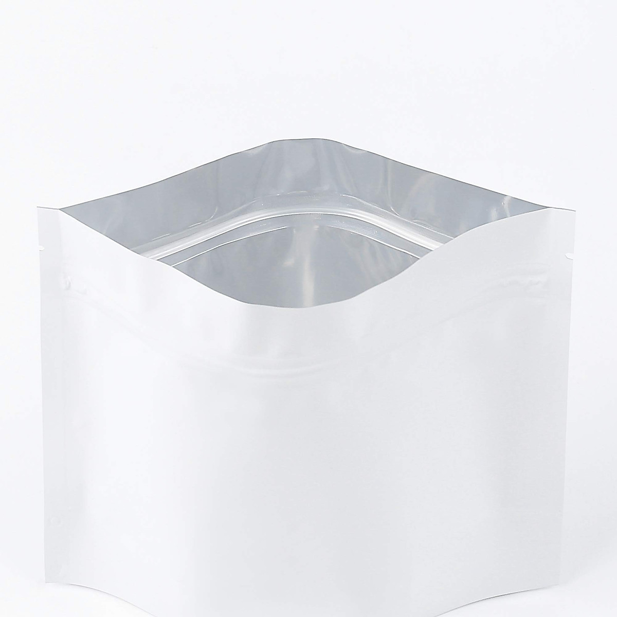 QQ Studio Pack of 100 Double-Sided Glossy Wide Mouth Smell Proof Stand Up Resealable Pouch Bags (Glossy White, 8.25x6.5" (7oz))