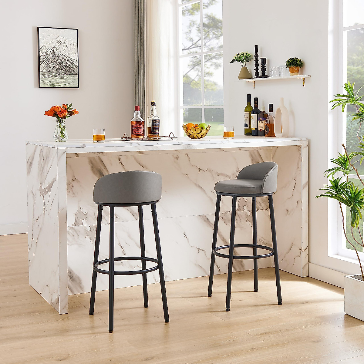 Tiokop Set of 2,Barstools with Back and Footrest,29.3 Inches Tall Seat, Dining Room,Bistro,Modern Armless Kitchen Island Stool,Breakfast Bar Chairs,Solid and Stable,Grey and Black