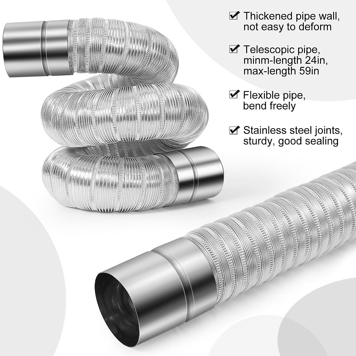 Pellet Stove Vent Pipe Kit, Pellet Stove Fresh Airs Intake Kit, Pellet Stove Exhaust Pipe Kit Includes 2"x59" Aluminum Flexible Pipe, Protective Screen and 2 Screw Clamps