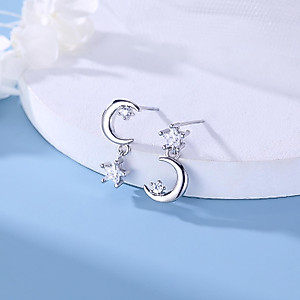 SLUYNZ 925 Sterling Silver CZ Crystal Star Moon Studs Earrings for Women Sparkling Asymmetric Studs Earrings (Star Moon Earrings)