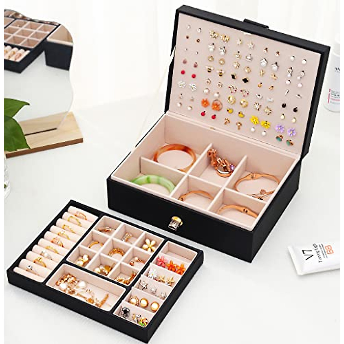 QBestry Stud Earring Organizer for Women Mens Black Jewelry Box for Earrings Necklace Jewelry Organizer,Girls Earring Box for Womens Necklace Holder Rings Organizer Bracelet Earring Storage Case,Black