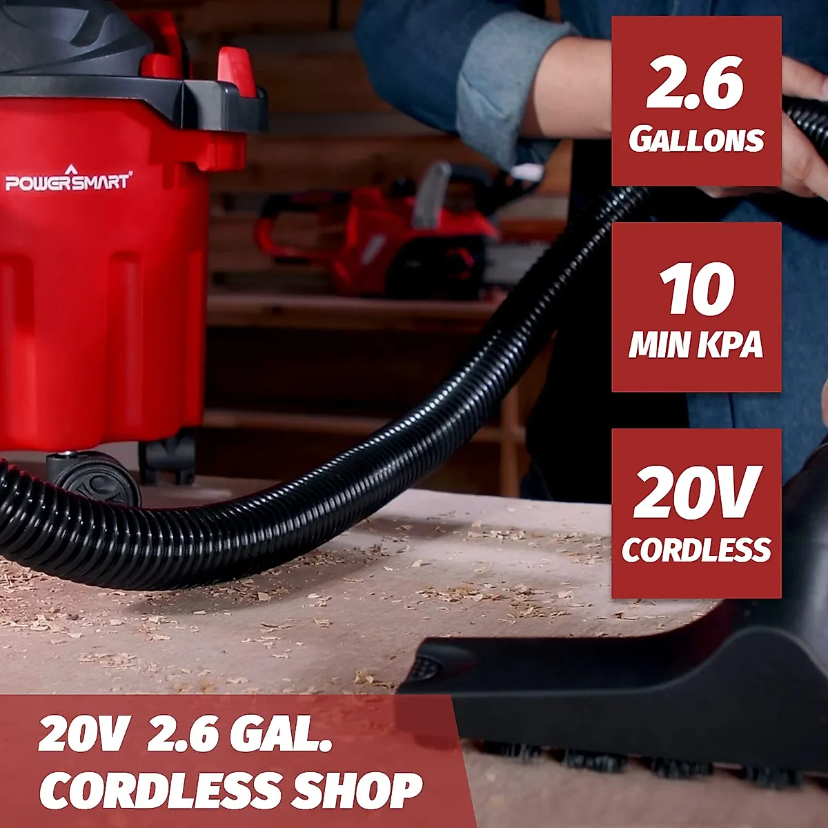 PowerSmart Cordless Shop Vac Wet and Dry, 20V 4.0Ah Battery and Charger, 2.6 Gallon Wet Dry Shop Vacuum Cleaner with Blower Function