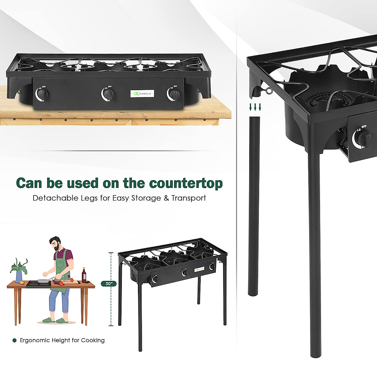 Goplus Outdoor Camping Stove, 3 Burner Propane Gas Cooker w/Detachable Legs & CSA Regulator & 0-20 PSI Regulator for Camp Paito RV, Cast Iron, 225,000-BTU