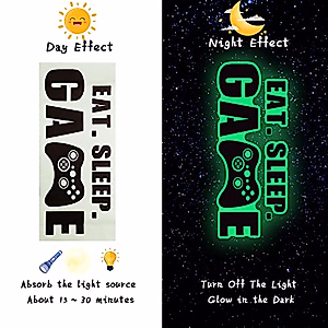 Eat Sleep Game Wall Decal Glow in The Dark Gamer Boy Wall Stickers Vinyl Video Game Wall Decor Gaming Controller Wall Decals for Boys Room Kids Bedroom Home Playroom Decoration