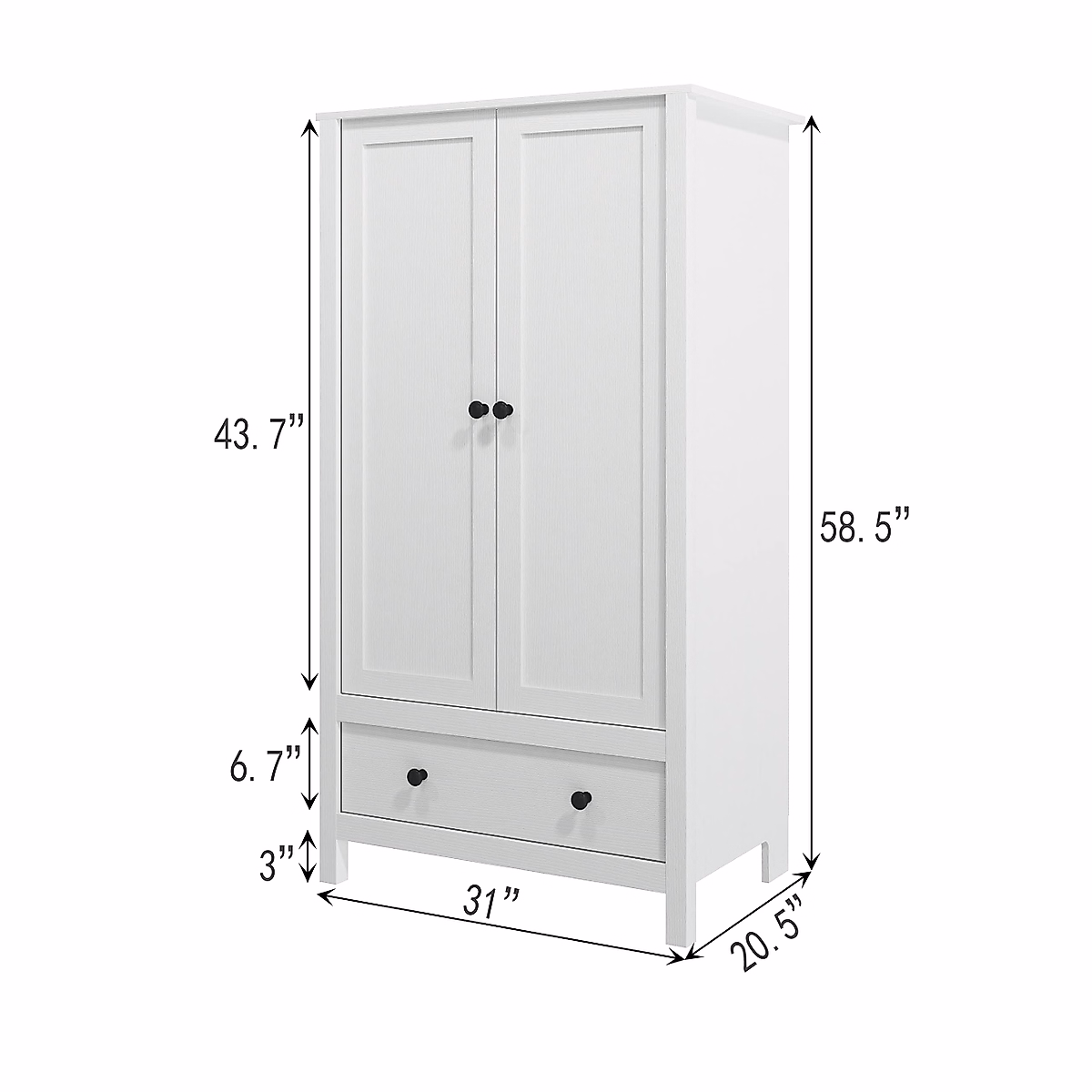 Panana 2 Door Wardrobe, Armoire with Drawer for Bedroom (White)