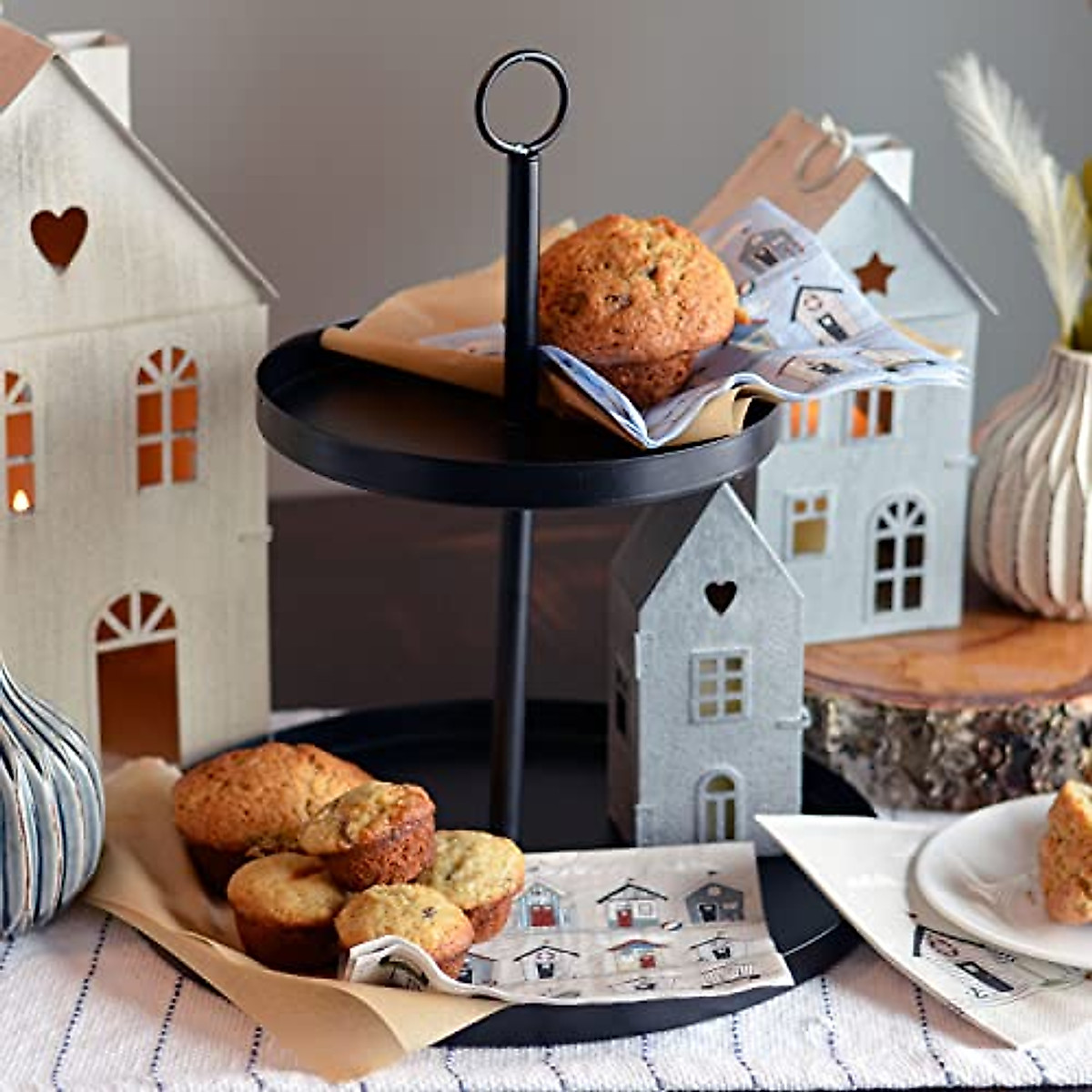 Round 2 Tier Stand, Cake Display Trays, Modern Scandinavian Style, Black, Metal, Loop Handle, 11.75 D x 12.5 H inches, 1.75 lbs.