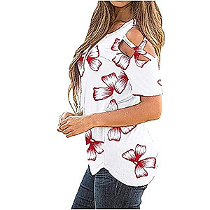 wodceeke Women's Short-Sleeve Off-Shoulder T-Shirt Floral Plus Size Zipper Round Neck Tee Summer Casual Tops (Pink, XL)