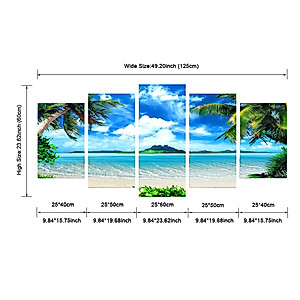 Pyradecor Modern 5 Panels Blue Sea Beach Pictures Paintings on Canvas Wall Art Stretched Contemporary Landscape Ocean Canvas Prints Artwork for Bedroom Home Decorations