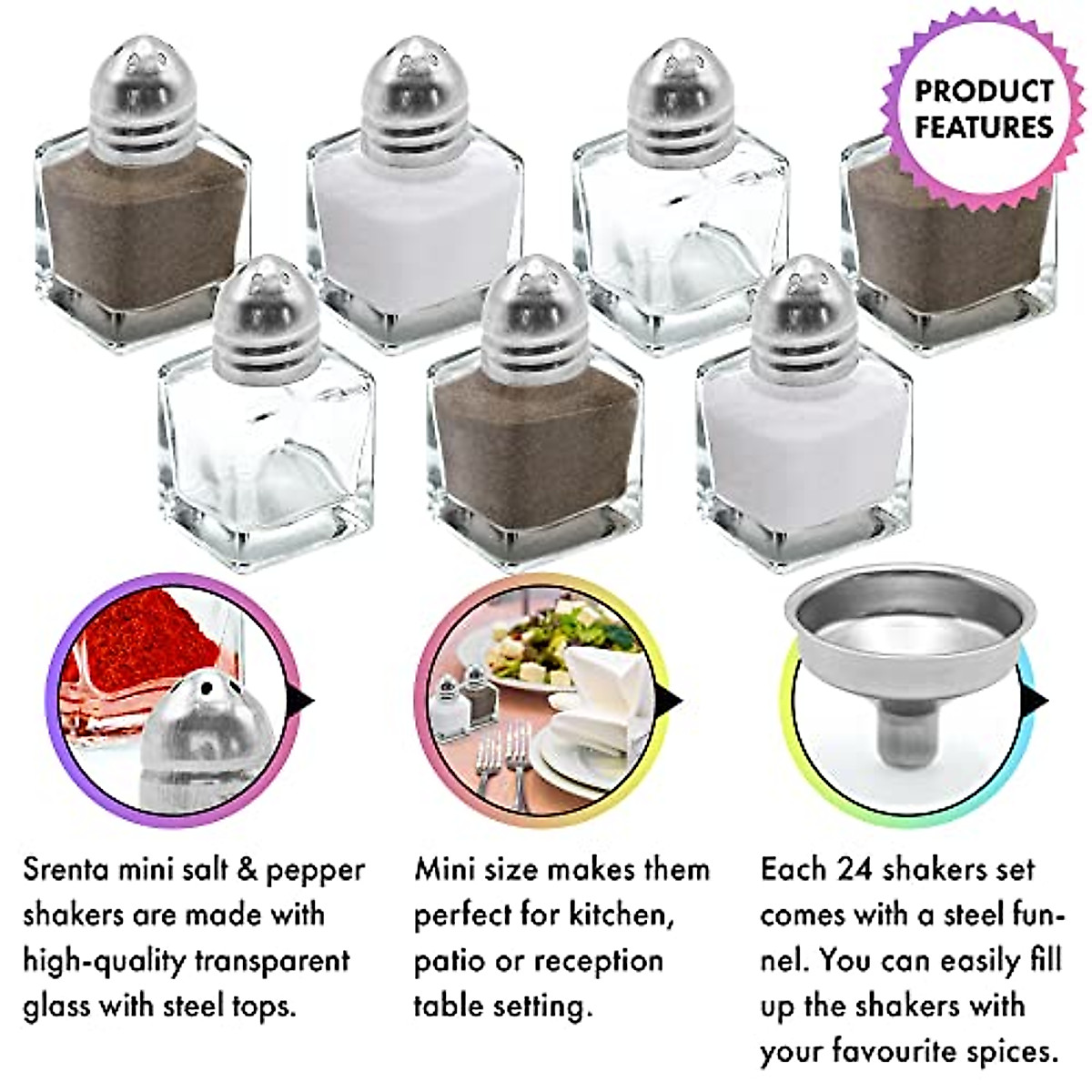 Srenta Small Salt and Pepper Shakers, Pack of 24 Bulk Salt and Pepper Shakers with Funnel Tool, Clear Glass Mini Salt and Pepper Shakers Set with Stainless Steel Tops for Wedding Table & Party, 0.5 oz