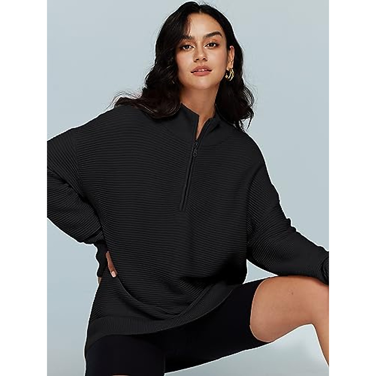 LILLUSORY Women's Pullover Soft Oversized Sweatshirts 1/4 Zip Western 2023 Trending Fall Clothes Oversized Sweater Tops Black