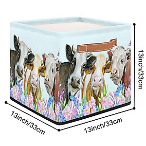 Fabric Storage Cubes Animal Cow Flower Collapsible Storage Bins, Storage Boxes for Organizing Storage Baskets with Handles for Shelves, Closet, Toy, Nursery (13x13x13 Inch)