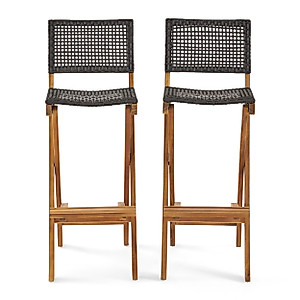 GDFStudio Outdoor Folding Acacia Wood Barstools (Set of 2), and Brown