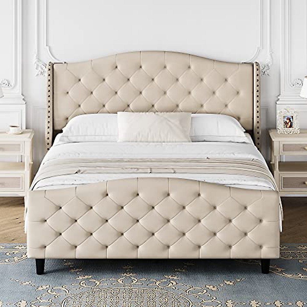 IDEALHOUSE Modern Upholstered Queen Bed Frame,Button Tufted Headboard and Footboard Design Solid Wooden Slat Support Easy Assembly,Beige (Queen)