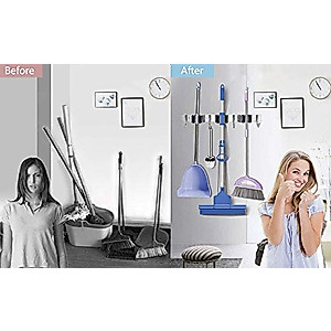 DYMSUP Mop Broom Holder Wall Mounted,3 Rack 4 Hooks Heavy Duty Mop and Broom Organizer Wall Hanging,Stainless Steel Broom Closet Garden Garage Door Tools Hanger Storage 1 Pack