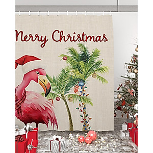 Merry Christmas Shower Curtain for Bathroom 72" x 78" Tropical Flamingo Palm Tree Shower Curtain with Hooks Polyester Waterproof Home Bathtub Decor