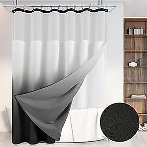 Black Shower Curtain Set with Snap-in Fabric Liner, Ombre Linen Textured Shower Curtain with 12 Hooks - Hotel Style, Water Repellent & Washable, Heavyweight Fabric & Mesh Top Window - 72x72, Black