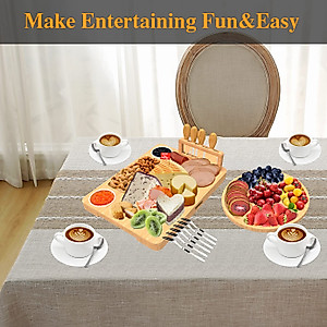 Large Bamboo Cheese Board Charcuterie Boards Set - Include Serving Platter Round Fruit Tray, Perfect House Warming Gift Anniversary and Wedding Gift