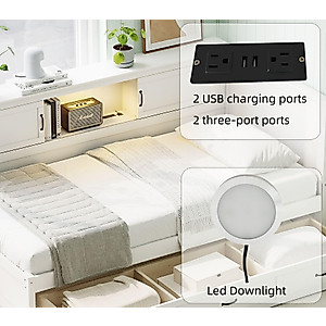 Merax Twin Size Corner Bed Frames with Storage Drawers and USB Port & Led Downlight Headboard, Wooden L-Shaped Captain Daybed for Small Room, Bedroom, Guest Room, Kids' Room, White