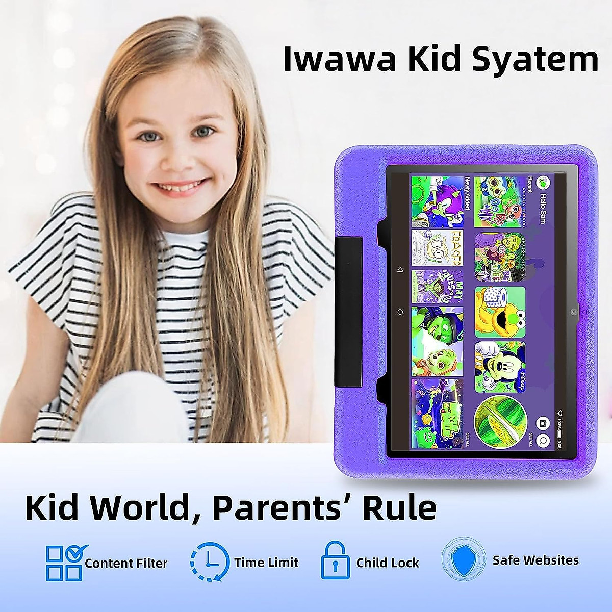 OUZRS Kids Tablet Android 12 Kid Tablet 128GB ROM 1TB Extensions 6GB RAM 6850mAh,5G Dual WiFi GSM Certification with Protective Case for 10 Inch Tablet Child's Learning and Entertainment(Purple)